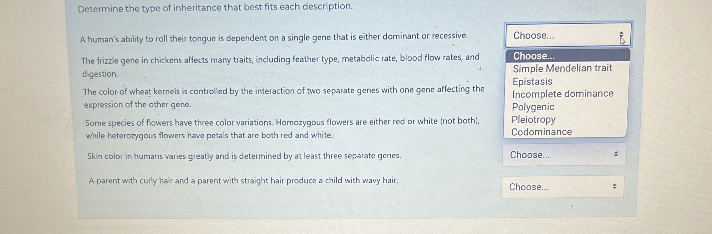Solved Determine the type of inheritance that best fits each | Chegg.com