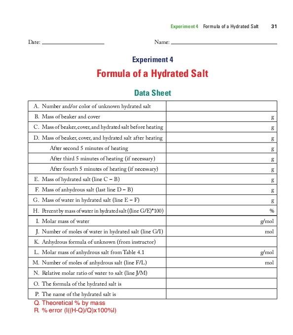 Solved Experiment 4 Formula of a Hydrated Salt 31 Date: | Chegg.com