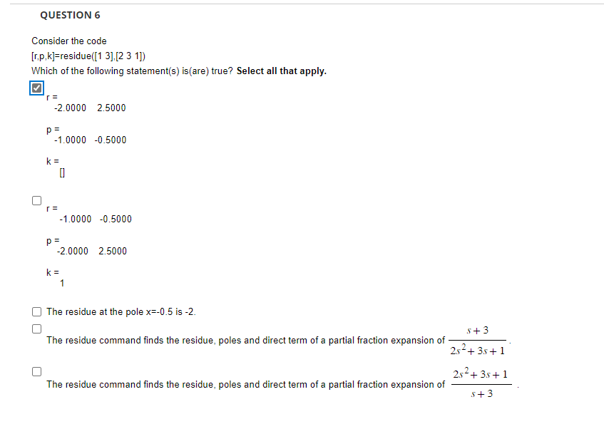 Solved QUESTION 6Consider the code[r,p,k]= ﻿residue | Chegg.com