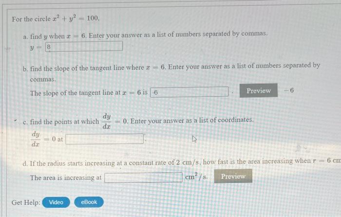 Solved For the circle x2+y2=100. a. find y when x=6. Enter | Chegg.com