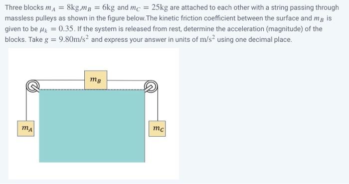 Solved Three blocks mA=8 kg,mB=6 kg and mC=25 kg are | Chegg.com