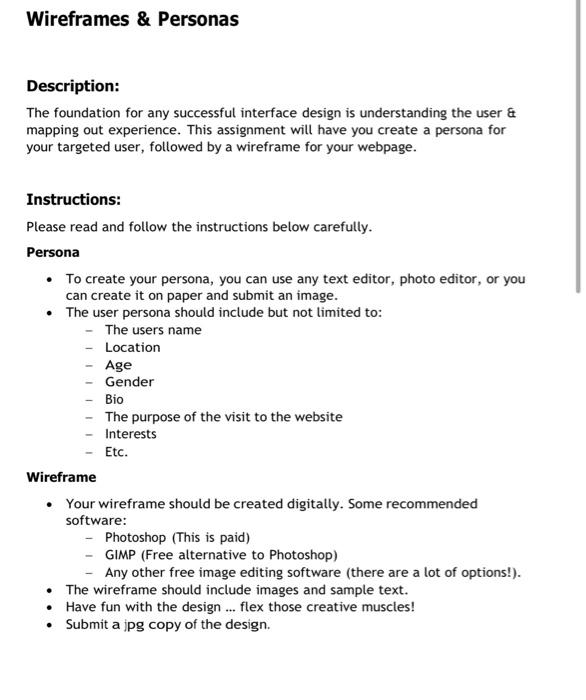Solved Wireframes \& Personas Description: The foundation | Chegg.com