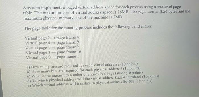 Solved A system implements a paged virtual address space for | Chegg.com