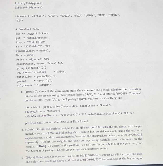 Solved (II) Mean-Variance efficient portfolio construction | Chegg.com