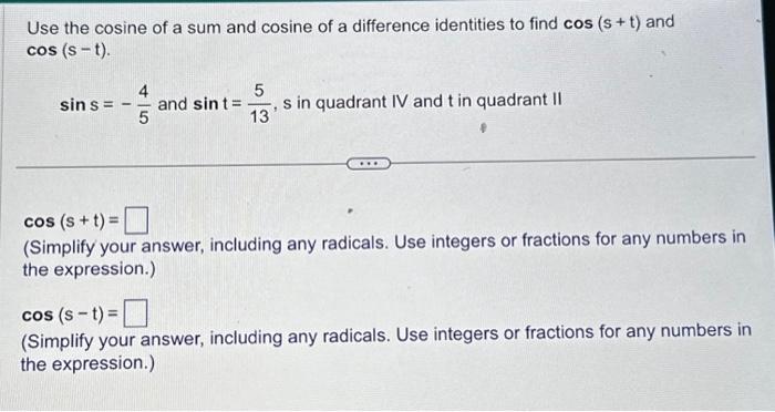 Solved Use the cosine of a sum and cosine of a difference | Chegg.com