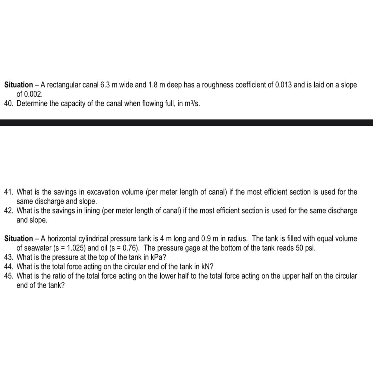 Solved Situation - ﻿A rectangular canal 6.3m ﻿wide and 1.8m | Chegg.com