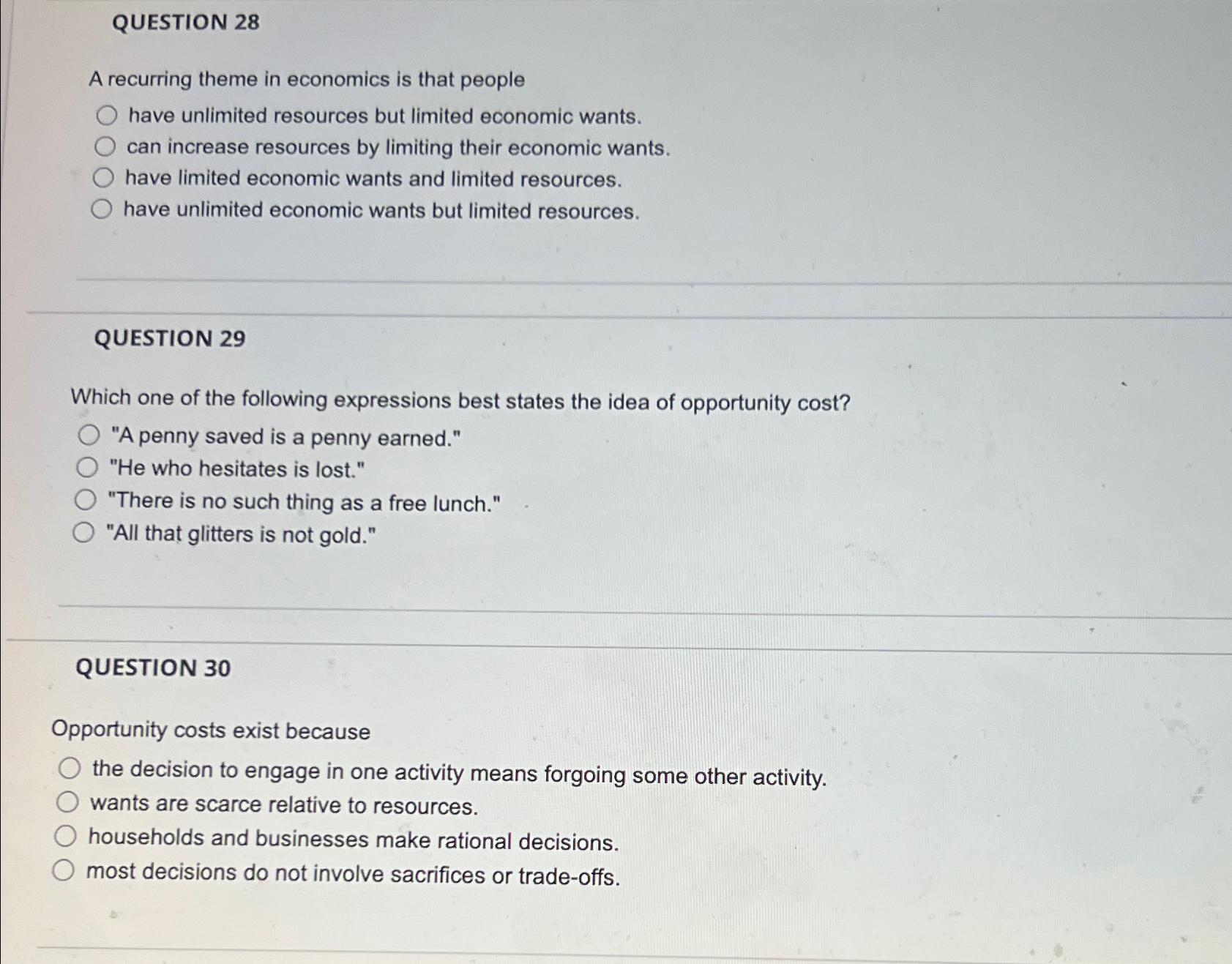 Solved QUESTION 28A recurring theme in economics is that | Chegg.com
