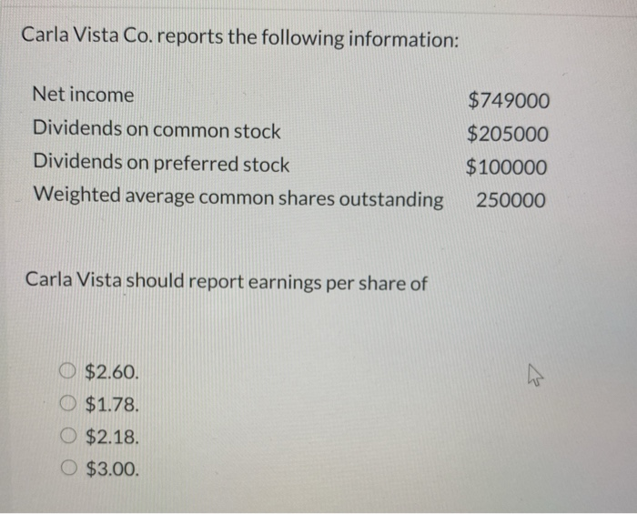 Solved Carla Vista Co. reports the following information: | Chegg.com