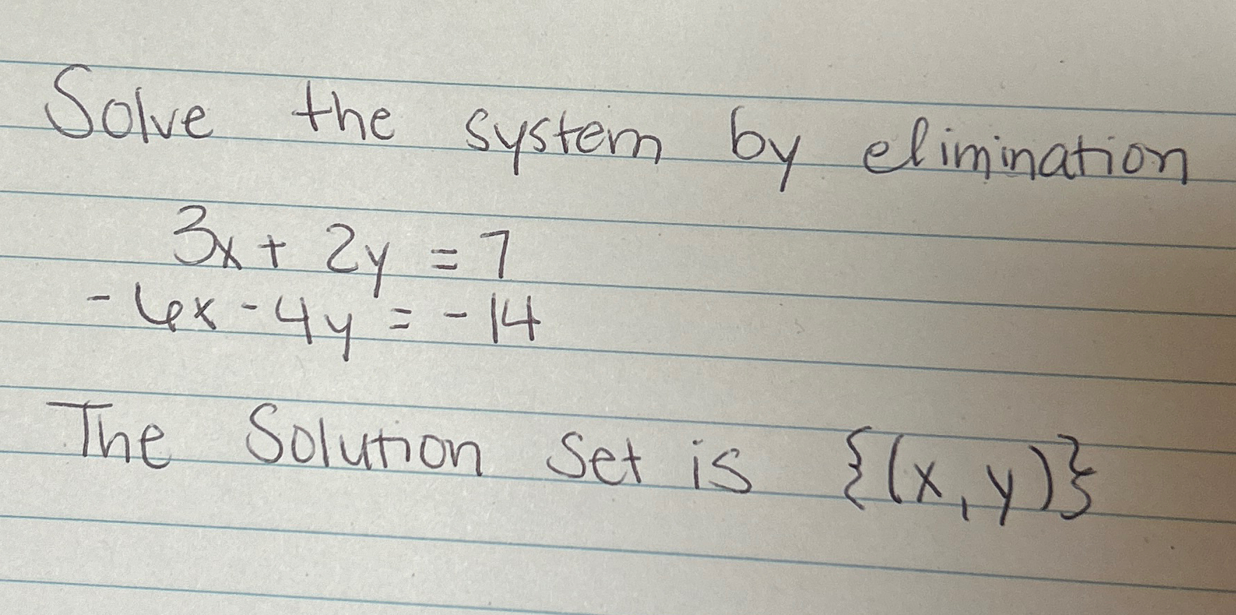 Solved Solve the system by elimination3x+2y=7-6x-4y=-14The | Chegg.com