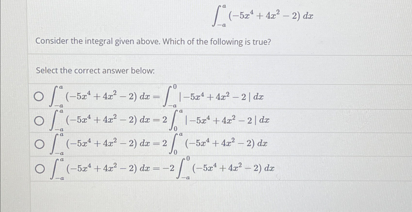 Solved ∫-aa(-5x4+4x2-2)dxConsider the integral given above. | Chegg.com