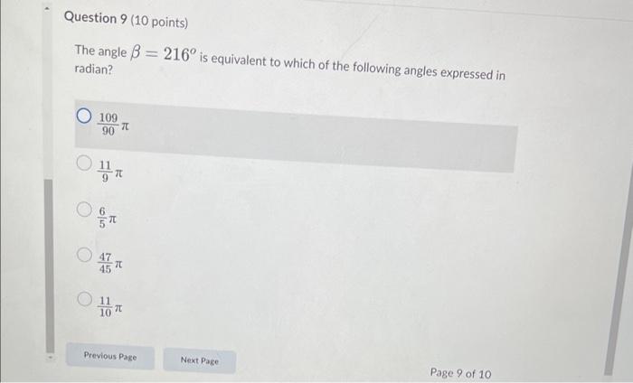 Solved The angle β=216∘ is equivalent to which of the | Chegg.com