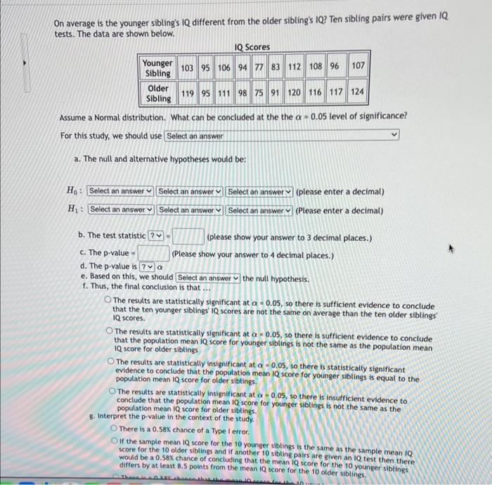 Solved On average is the younger sibling's IQ different from | Chegg.com