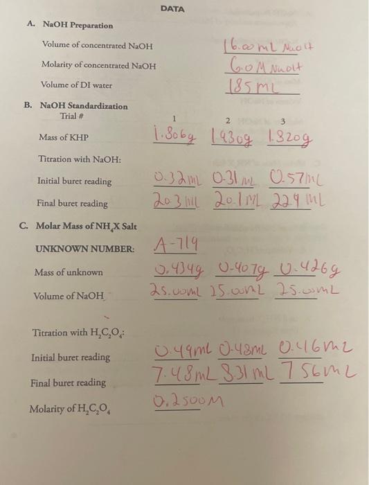 Solved DATA A. NaOH Preparation \begin{tabular}{l|l} Volume | Chegg.com