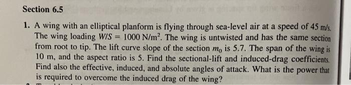 Solved Section 6.5 1. A wing with an elliptical planform is | Chegg.com