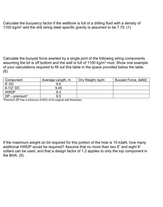 Calculate the buoyancy factor if the wellbore is full | Chegg.com