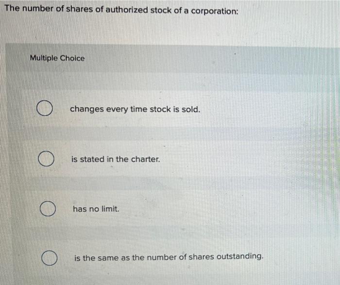 Solved The number of shares of authorized stock of a | Chegg.com