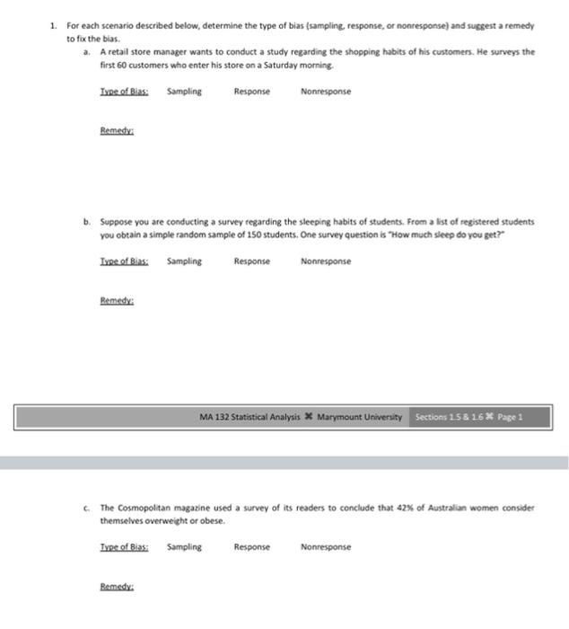 Solved 1. For each scenario described below, determine the | Chegg.com