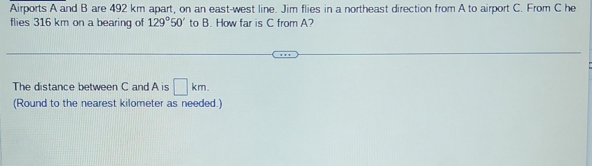 Solved Airports A and B are 492 km apart, on an east-west | Chegg.com