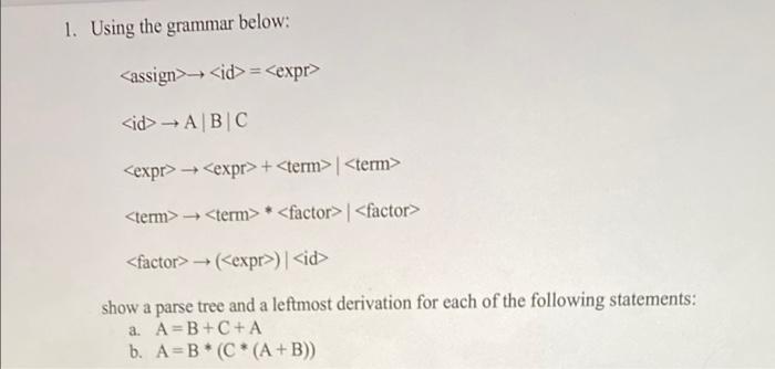 Solved 1. Using the grammar below: = - ABC → + → * | | Chegg.com