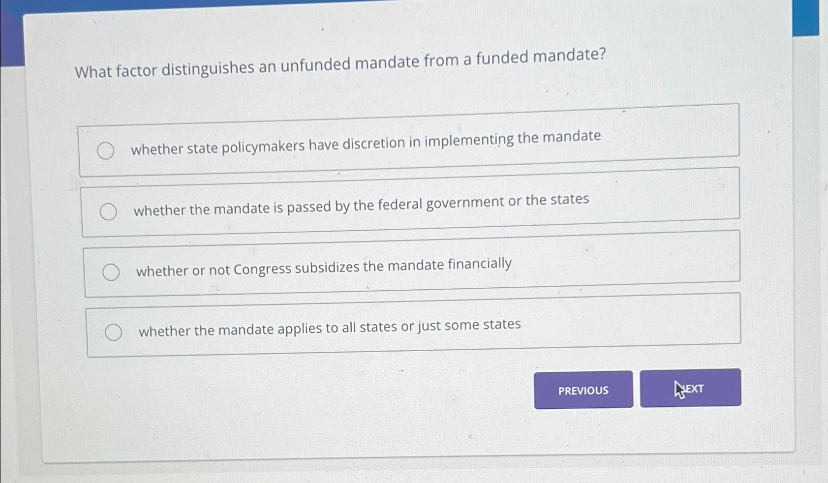 Solved What factor distinguishes an unfunded mandate from a | Chegg.com