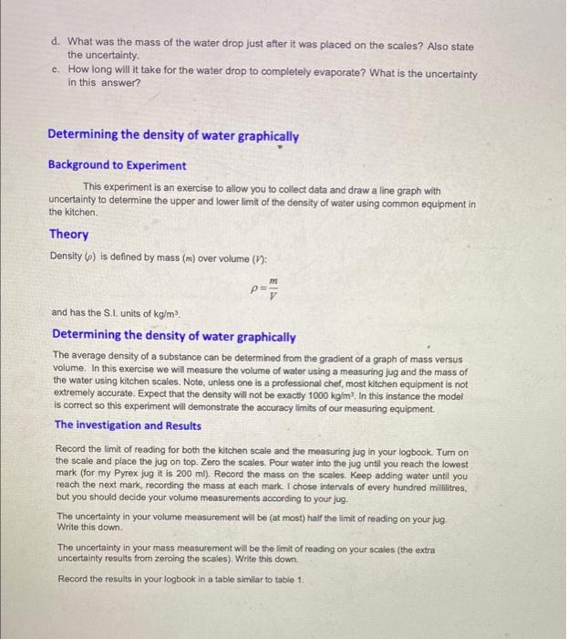 Solved Lab 2: Graphing data - Density of Water - Equipment | Chegg.com