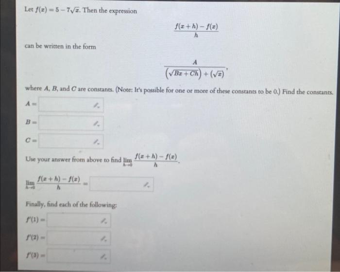 Solved Let f(x)=5−7x. Then the expression hf(x+h)−f(x) can | Chegg.com