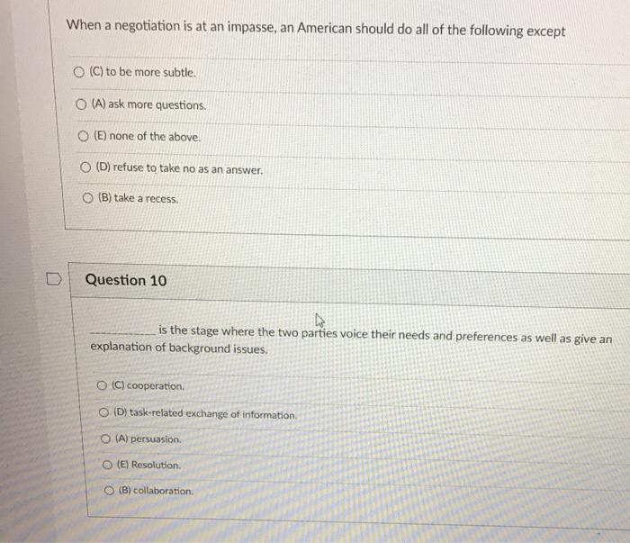 Solved When a negotiation is at an impasse, an American | Chegg.com