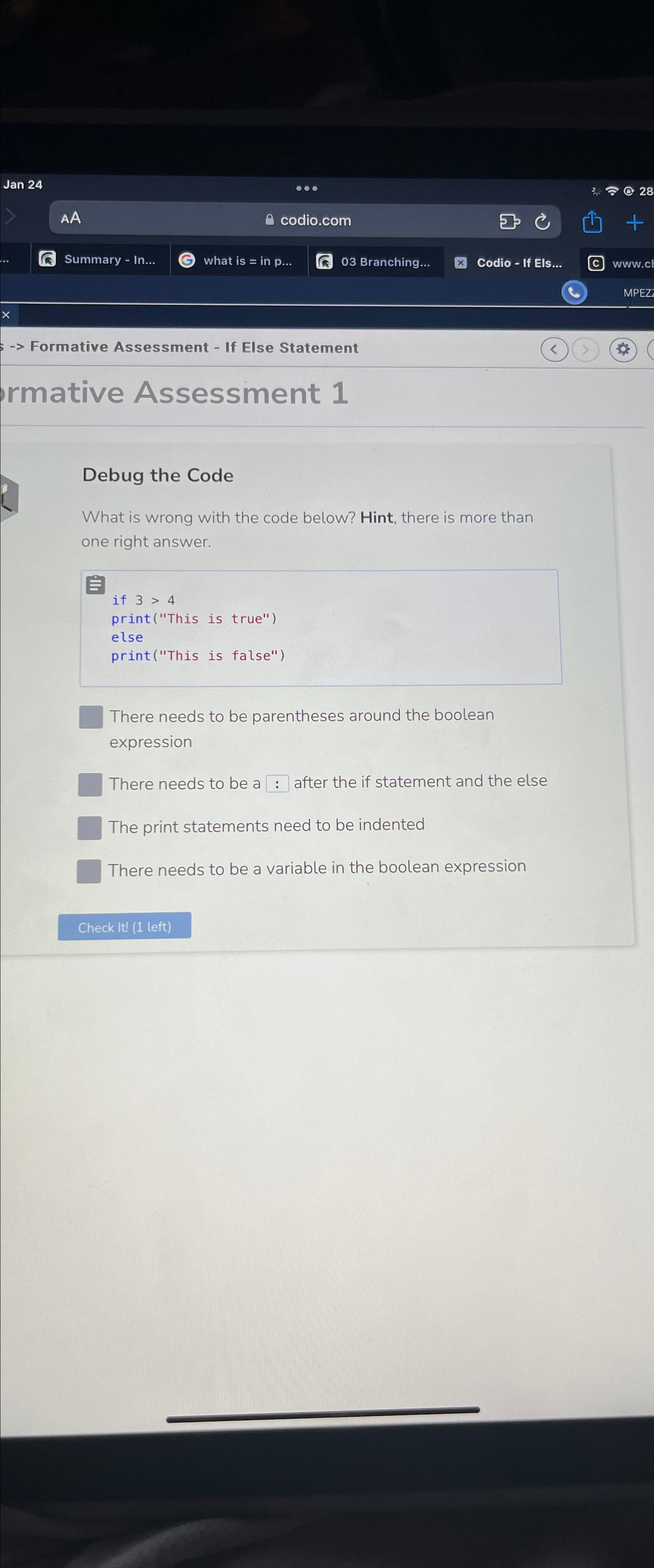 Solved Formative Assessment - ﻿If Else Statementrmative | Chegg.com