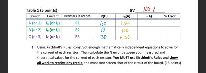 Solved Table 1 (5 points) Using Kirchhoff's Rules, construct | Chegg.com