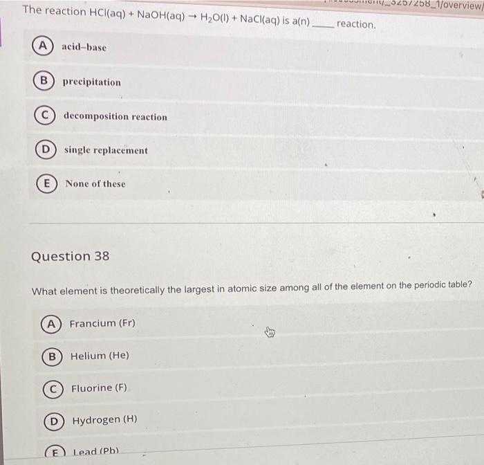 Solved The reaction HCl(aq) + NaOH(aq) → H2O(l) + NaCl(aq) | Chegg.com