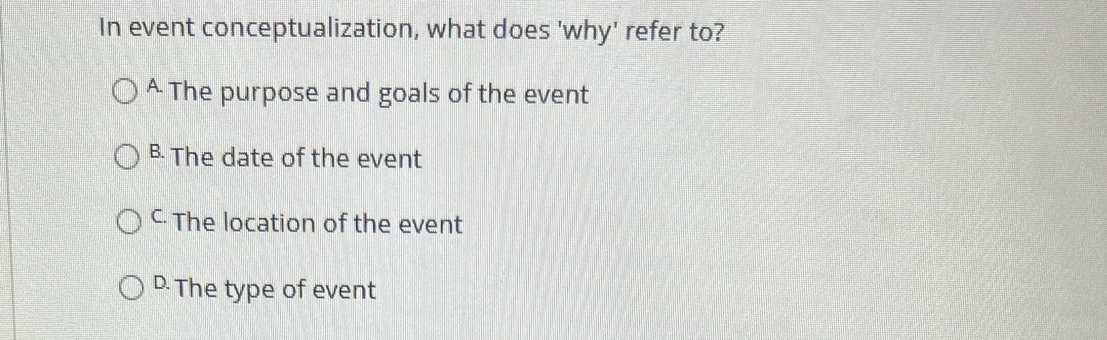Solved In event conceptualization, what does 'why' refer | Chegg.com