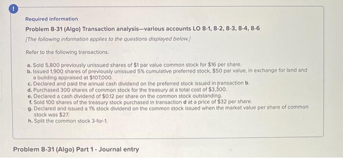 Solved Required information Problem 8-31 (Algo) Transaction | Chegg.com