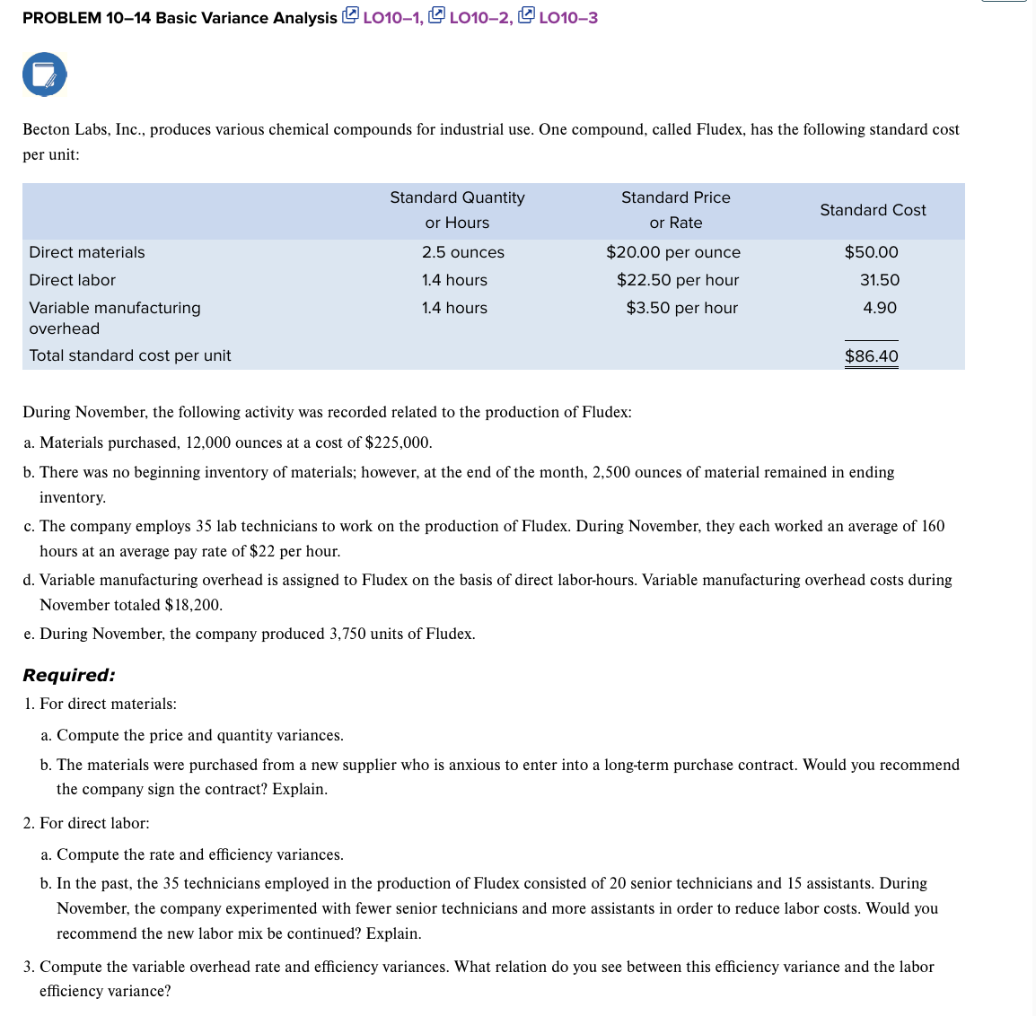 Solved PROBLEM 10-14 ﻿Basic Variance Analysis | Chegg.com