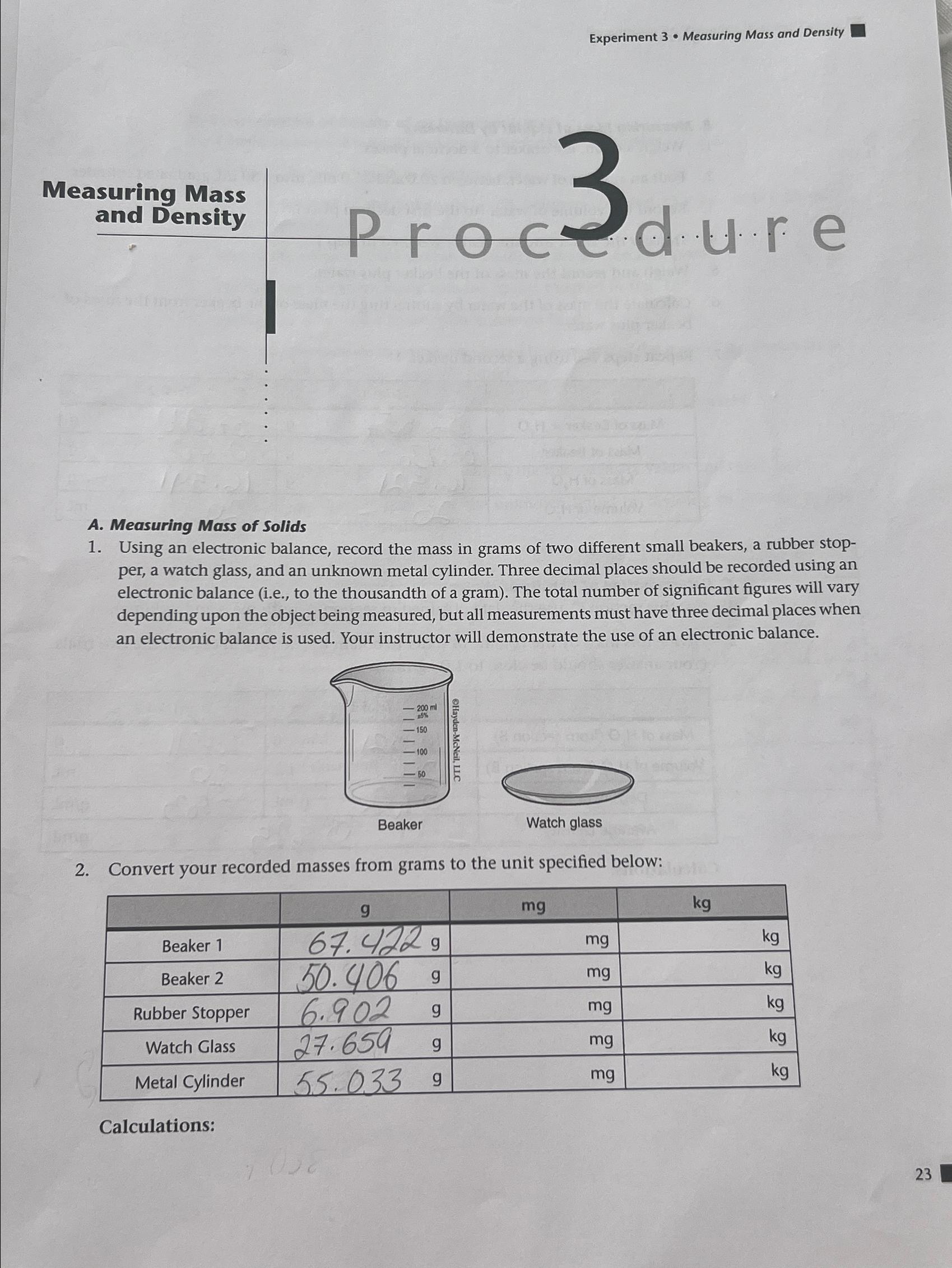 Solved Experiment 3 - ﻿Measuring Mass and DensityMeasuring | Chegg.com