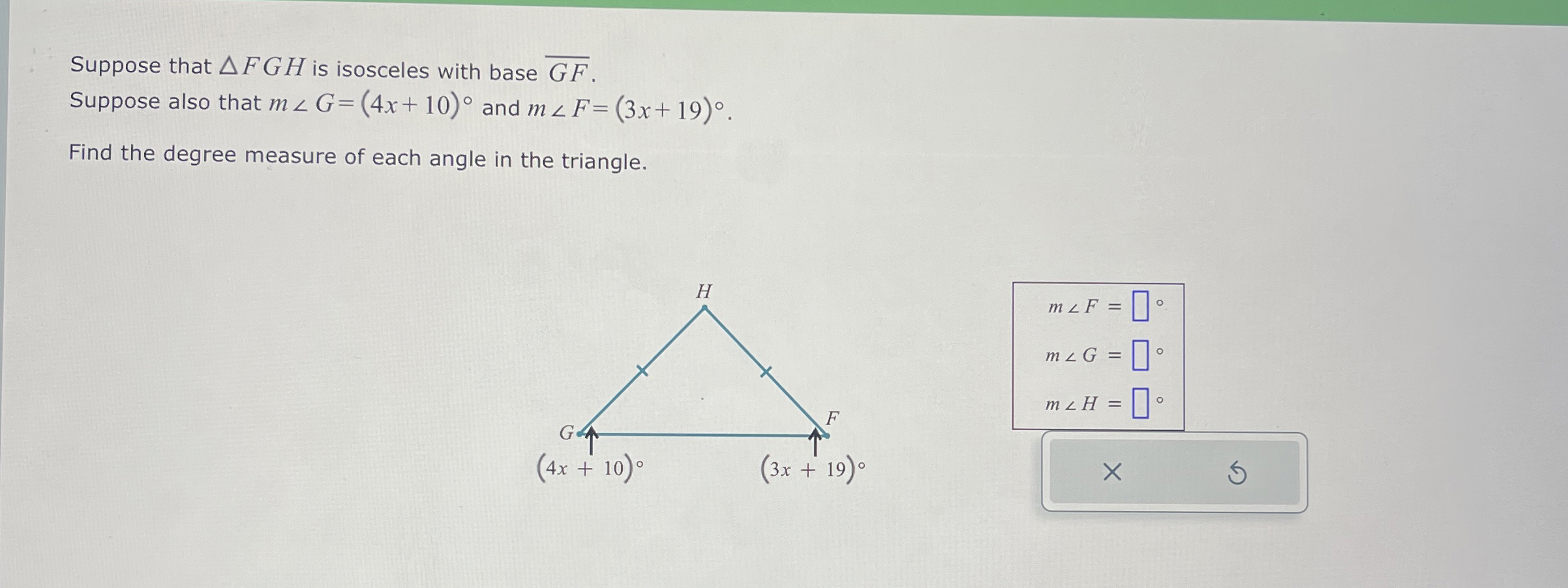Solved Suppose that ????FGH ﻿is isosceles with base | Chegg.com