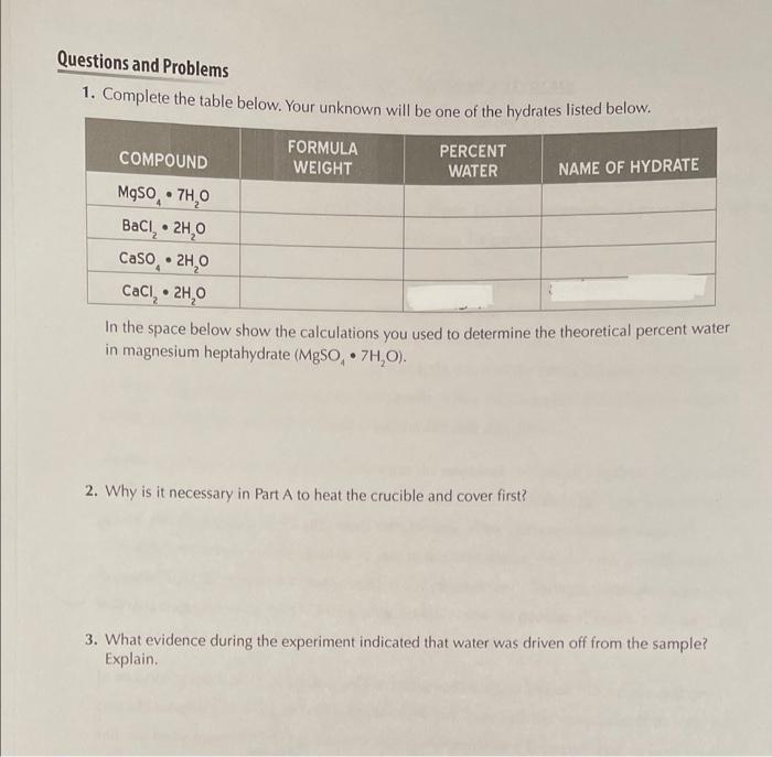 Solved NAME OF HYDRATE Questions and Problems 1. Complete | Chegg.com