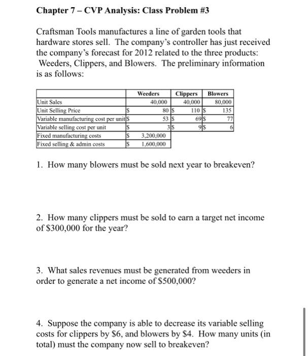 Solved Chapter 7 -CVP Analysis: Class Problem \#3 Craftsman | Chegg.com