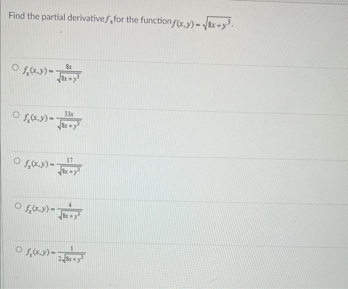 Solved Find the partial derivative fx for the function | Chegg.com