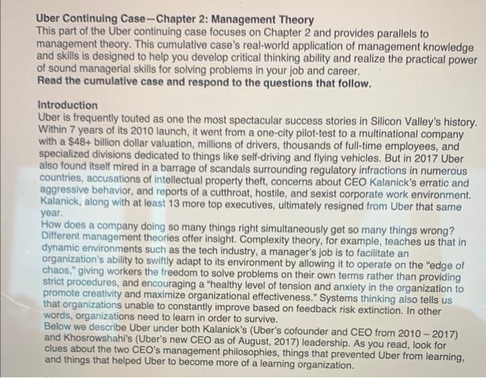 Solved Uber Continuing Case-Chapter 2: Management Theory | Chegg.com
