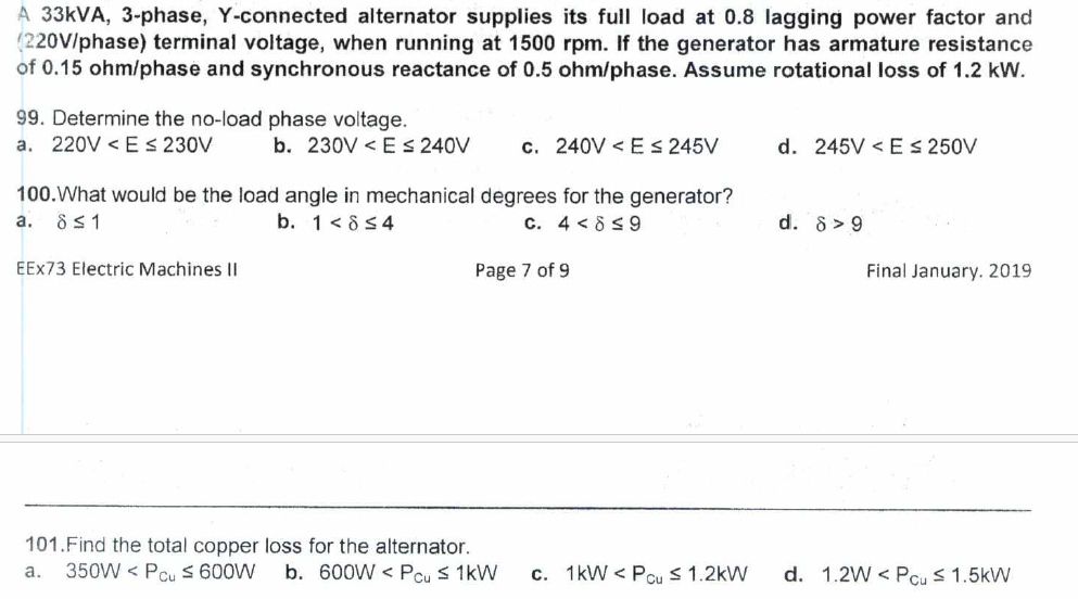 Solved A 33kVA, 3-phase, Y-connected alternator supplies its | Chegg.com