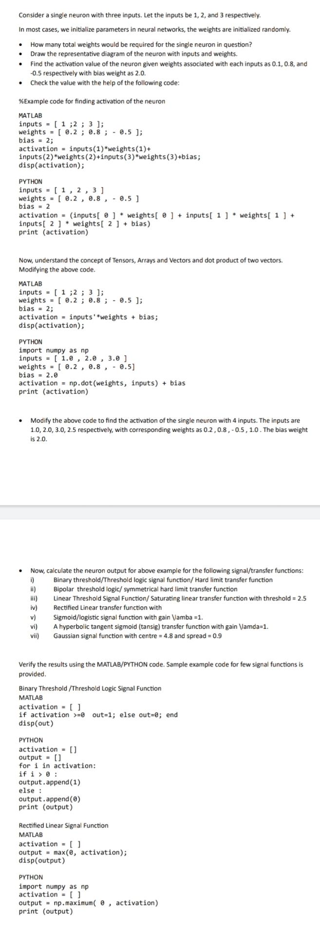 Solved Consider a single neuron with three inputs. Let the | Chegg.com