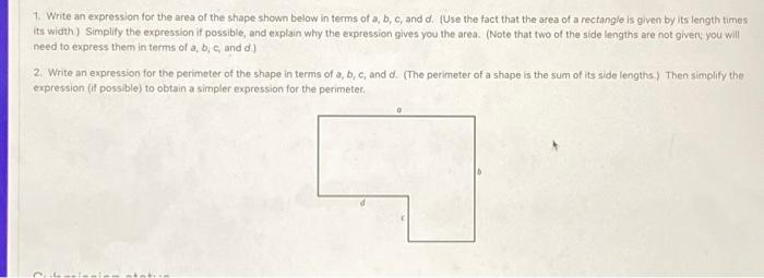Solved 1. Write an expression for the area of the shape | Chegg.com