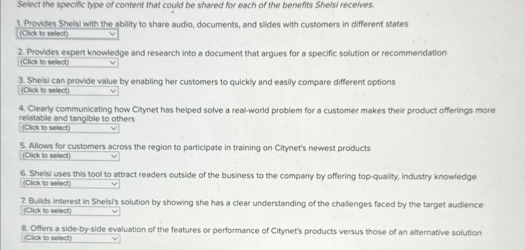 Solved Select the specific type of content that could be | Chegg.com