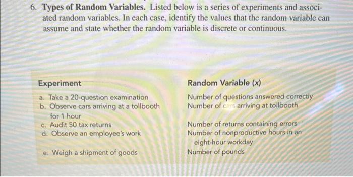 Solved 6. Types of Random Variables. Listed below is a | Chegg.com