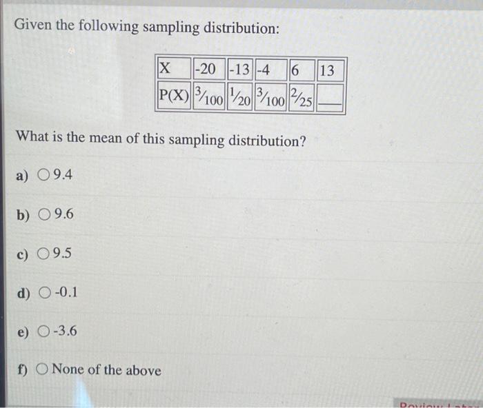 Solved Given the following sampling distribution: What is | Chegg.com