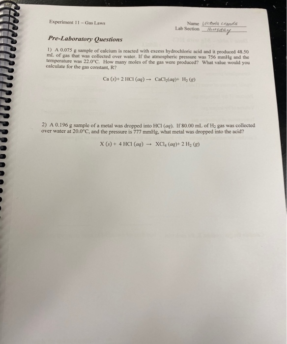 Solved Experiment 11- Gas Laws Name eforia cezada Lab | Chegg.com