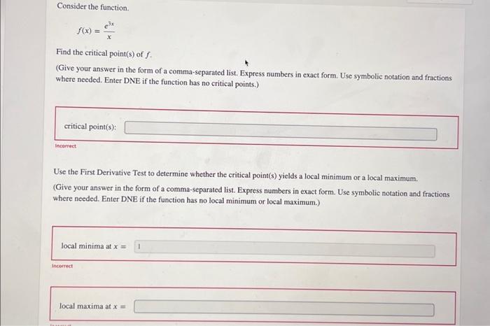 Solved Consider the function. f(x)=xe3x Find the critical | Chegg.com