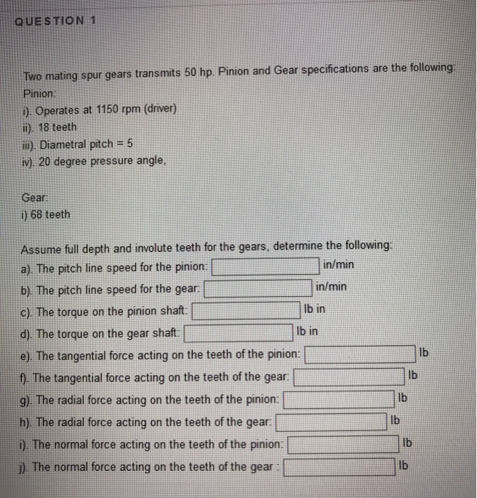 Solved QUESTION 1 Two mating spur gears transmits 50 hp. | Chegg.com