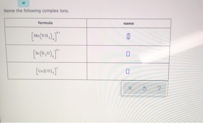 Solved Name the following complex ions. name name formula | Chegg.com