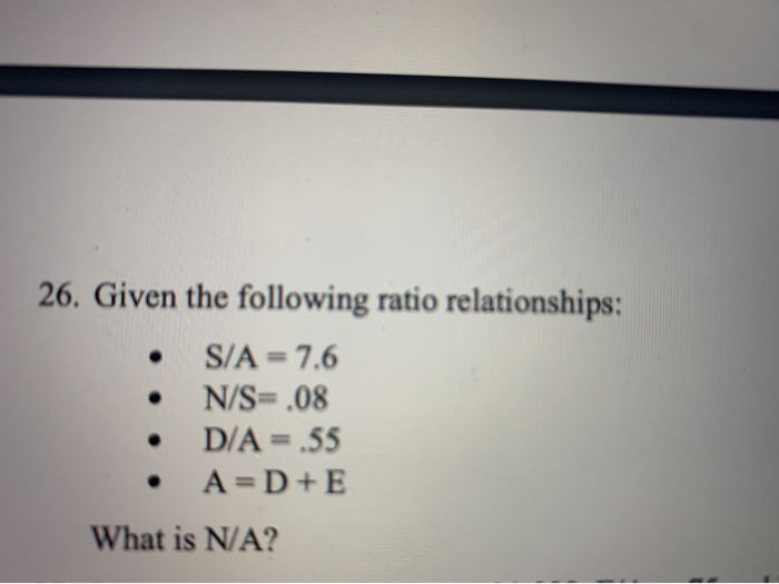 Solved 26. Given the following ratio relationships: S/A = | Chegg.com